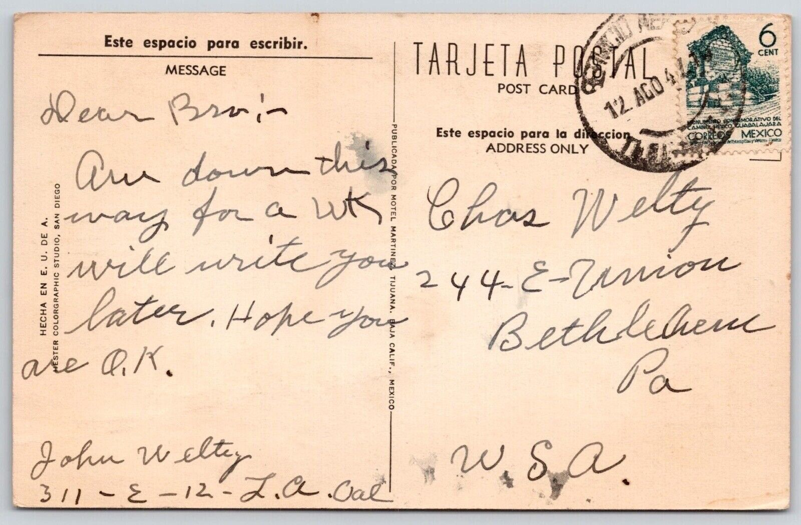 Bull Ring Plaza De Toros Tijuana Baja Calif Mexico WB PC PM WOB Note ...