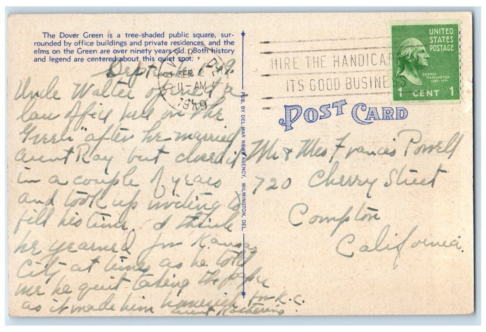 1949 The Green Tree Shaded Public Square Dover Delaware DE Vintage ...