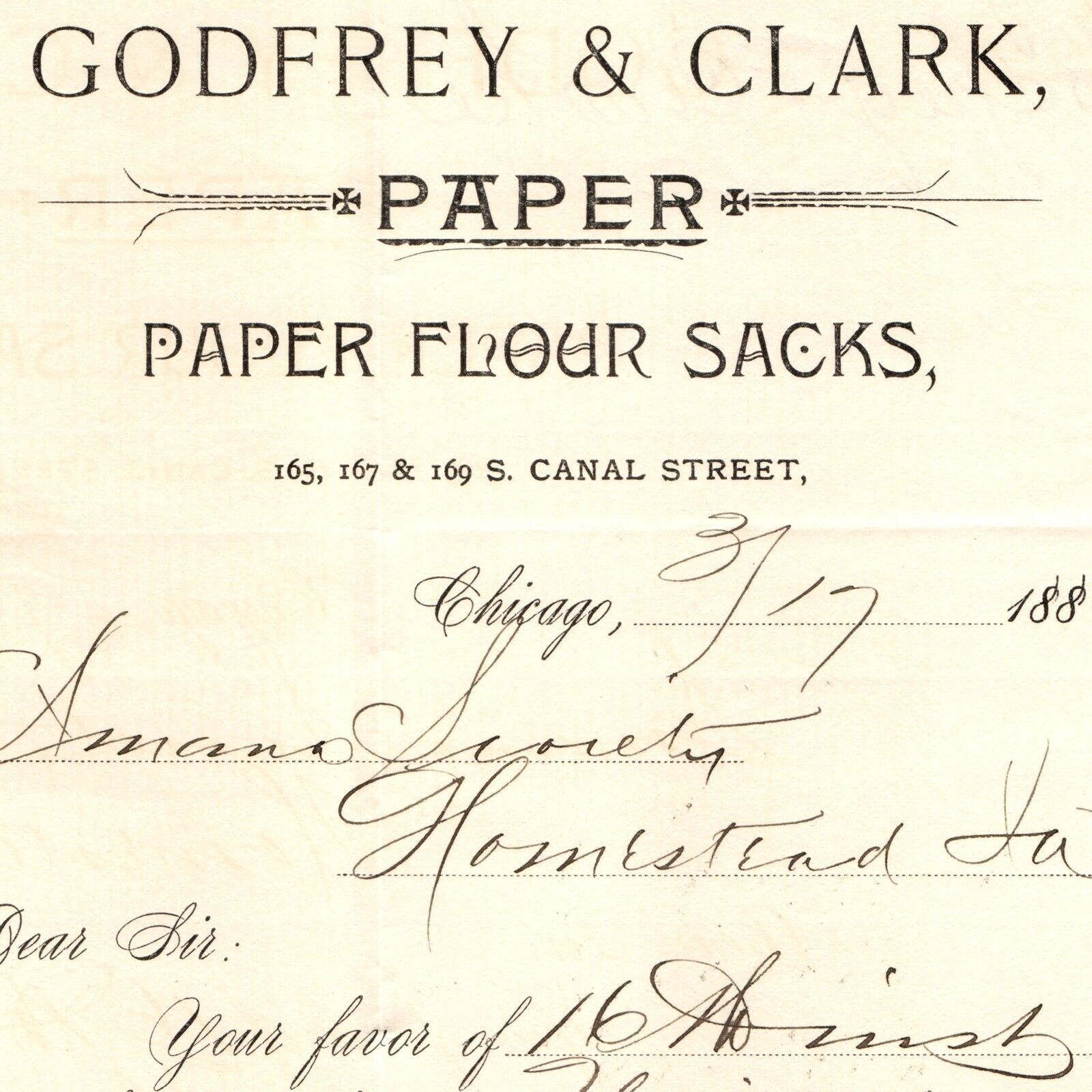 1888 Chicago, Illinois Godfrey & Clark Paper Flour Sacks Letterhead ...