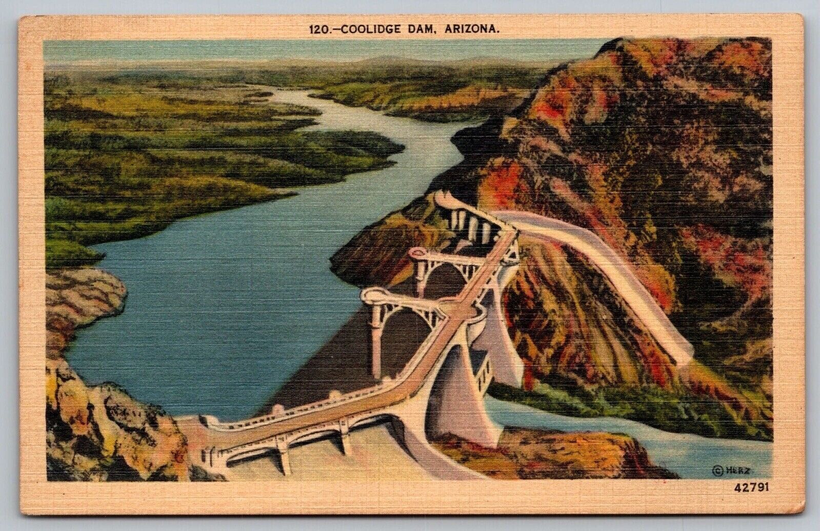 Coolidge Dam Arizona Birds Eye View Forest Mountains Linen Vintage UNP ...