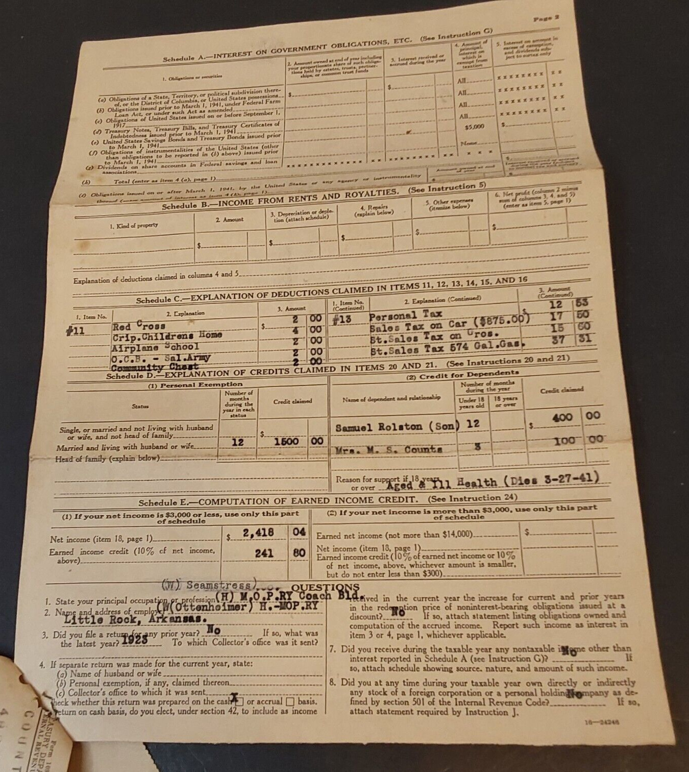 IRS Form 1040 US Individual Income Tax Return Form 1941 Richard Counts ...