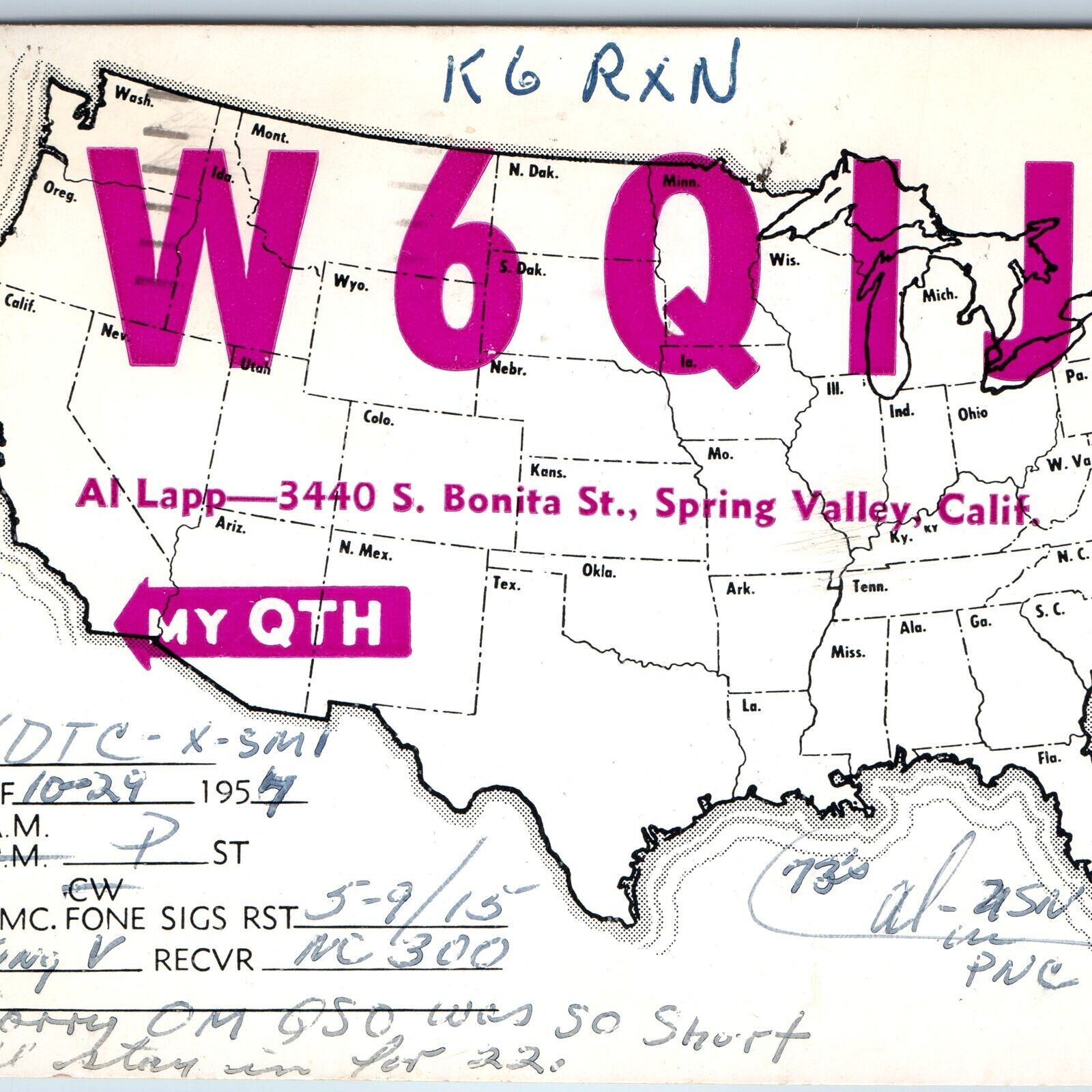 c1950s Spring Valley CA USA Map Art QSL Radio Card Lapp Pink Letters ...