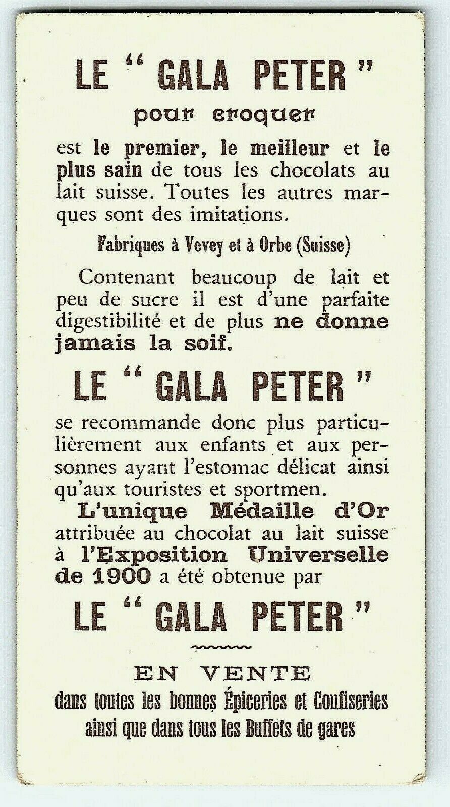 1900 Gala Peter Swiss Milk Chocolates Trade Card French Victorian ...
