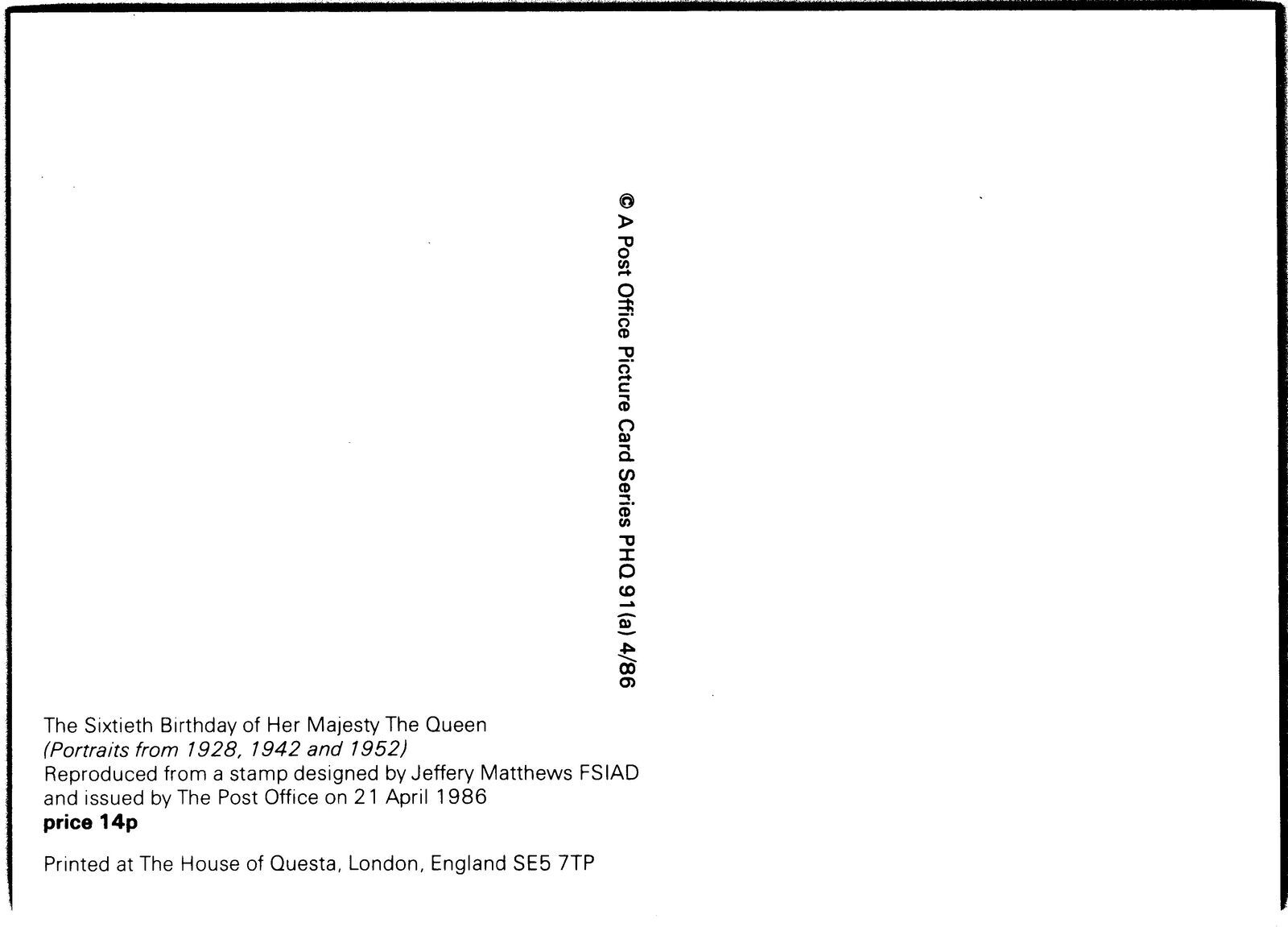 Vintage Continental Sized Postcard UK Royal Mail Queen Elizabeth 60th ...