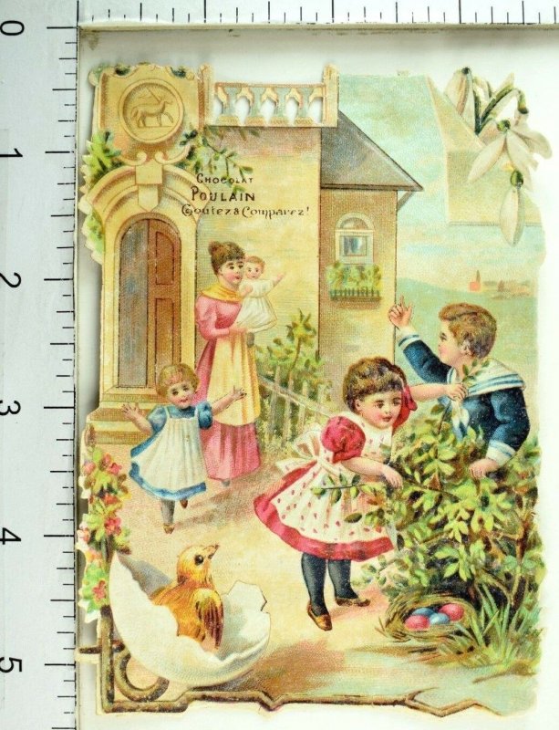 1880's Easter Chick Colored Eggs Adorable Kids Chocolat Poulain Die Cut ...