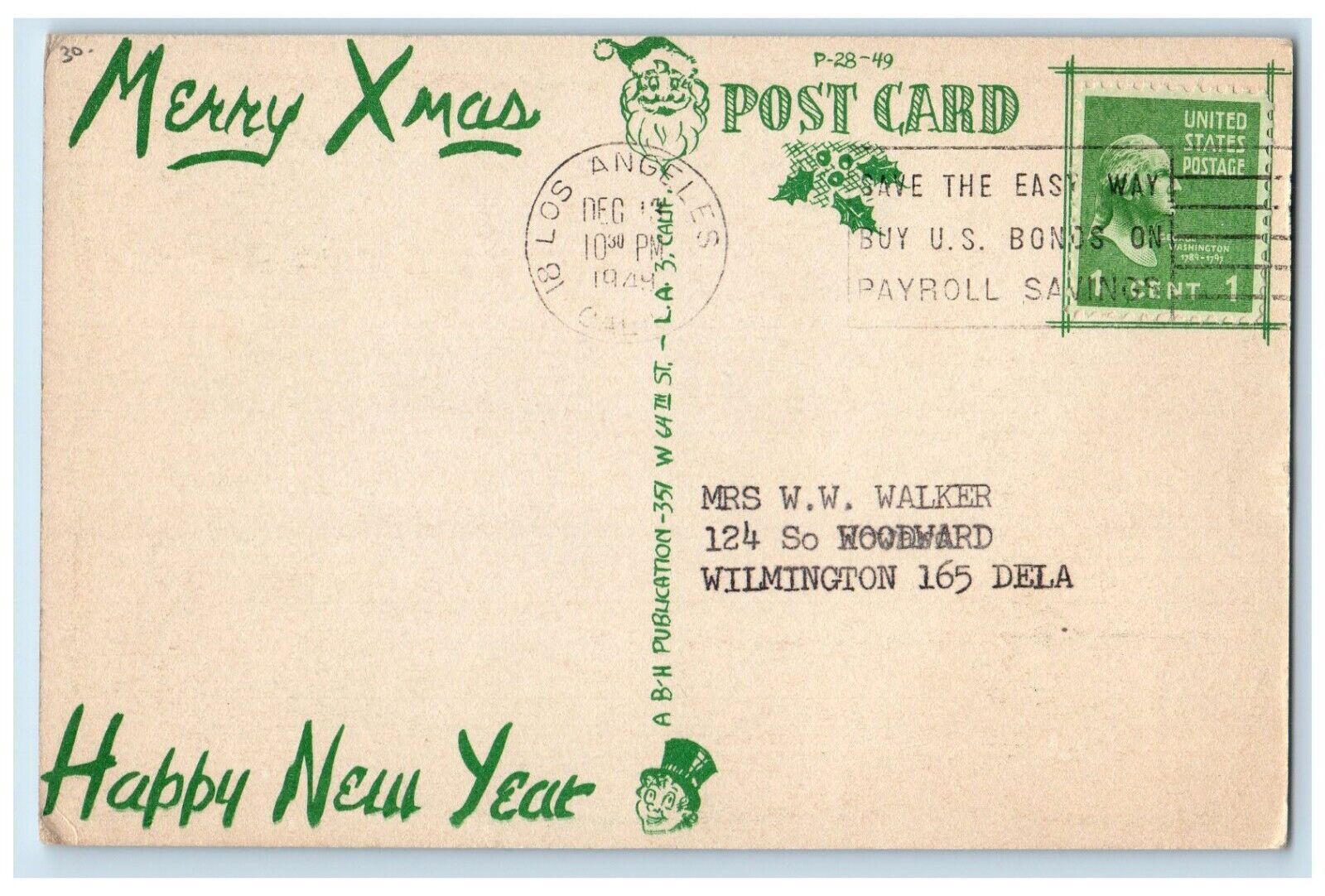 1949 Season Greetings Santa Claus Bob Hendricks Los Angeles CA Vintage ...