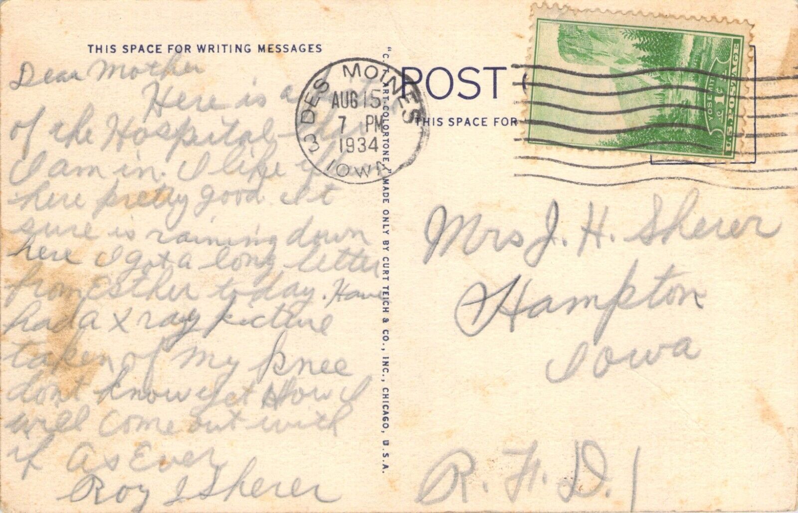 Vintage 1934 Postcard U.S. Government Veterans' Hospital Des Moines ...