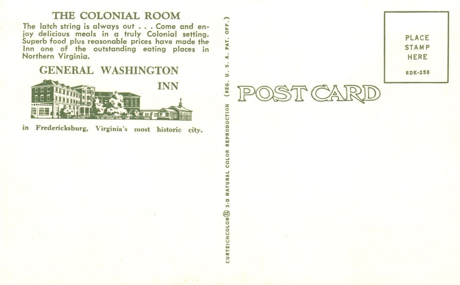 Vintage Postcard Colonial Room General Washington Inn Fredericksburg ...
