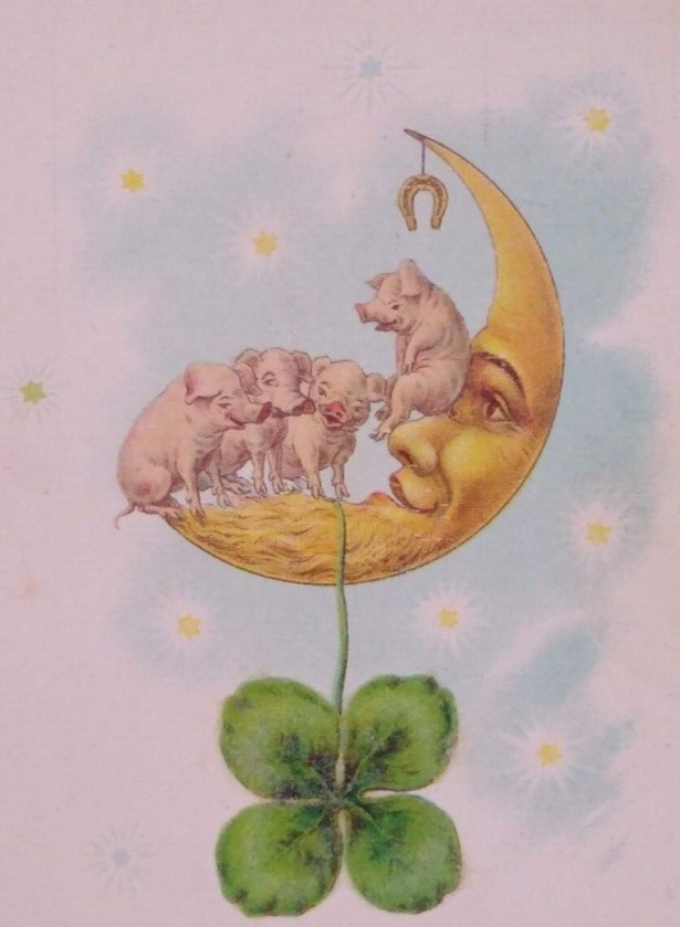 Anthropomorphic Pigs On Top Of Man In The Moon Clover Horseshoe 1908 ...