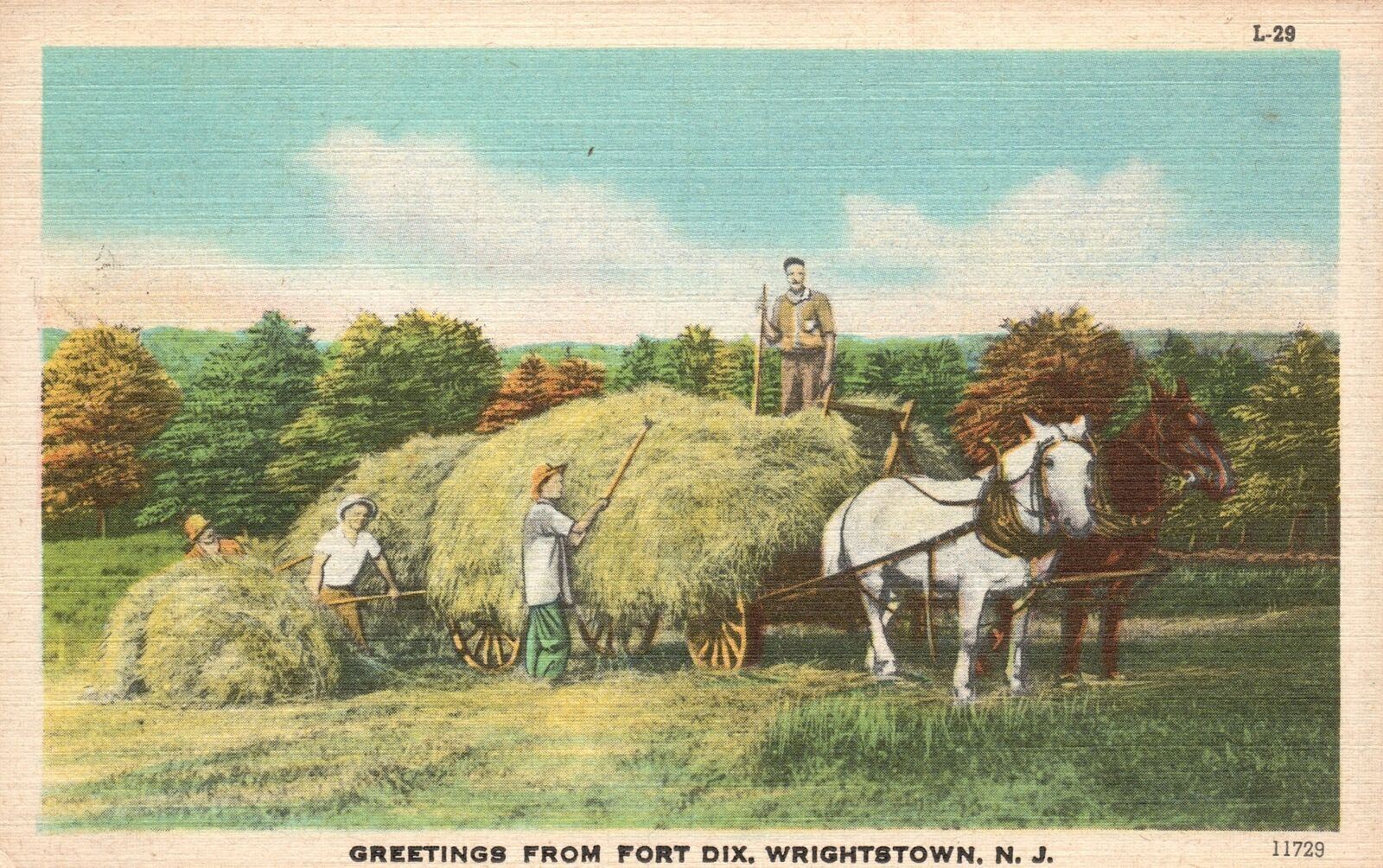 Postcard 1947 Horse Drawn Wagon Harvesting Hay Fort Dix Wrightstown New ...