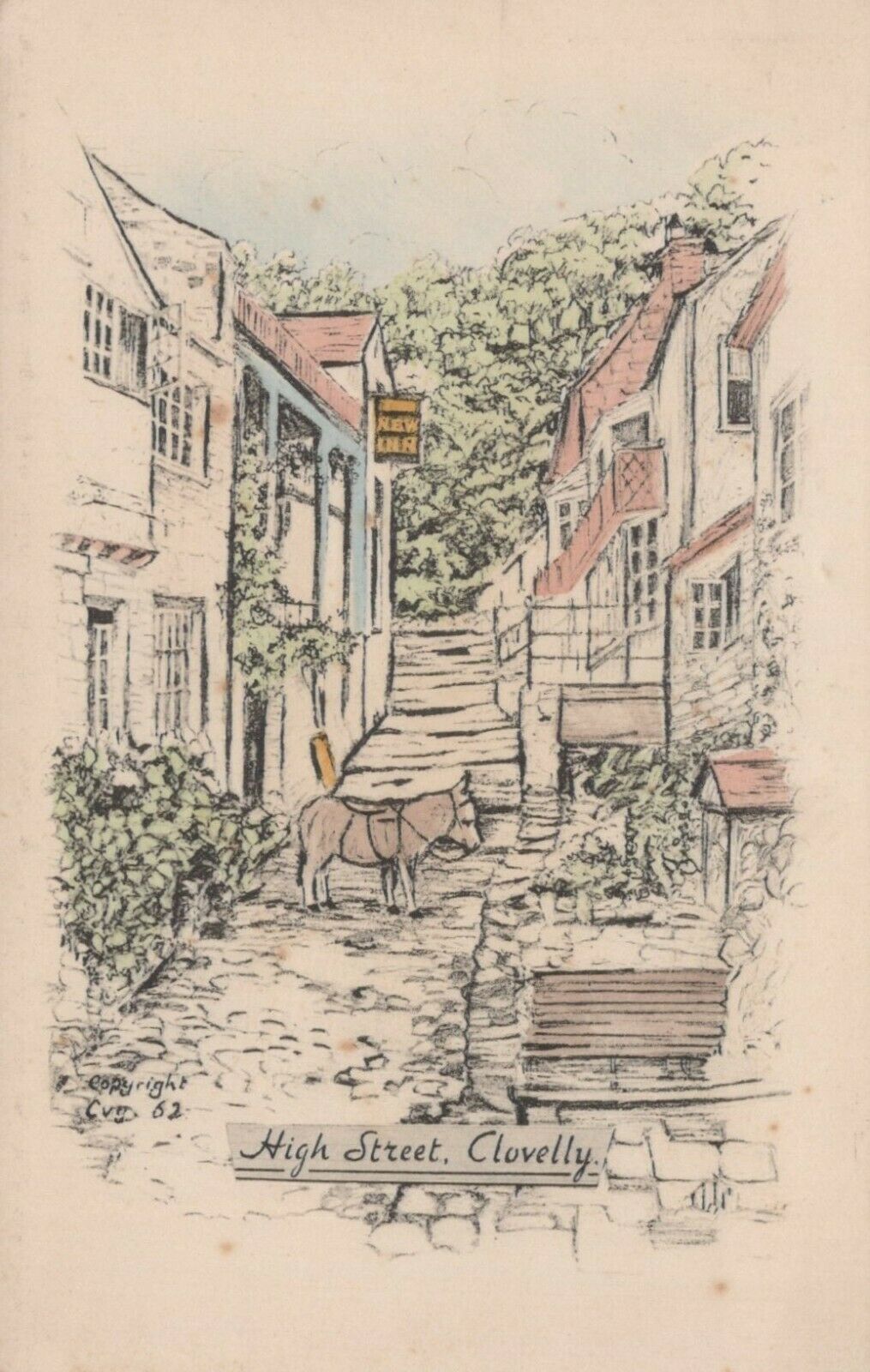 Devon Postcard - Pencil Sketch of The High Street, Clovelly RS22292 ...