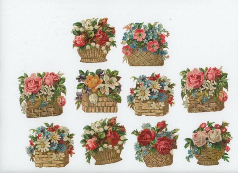 1880's Fab Victorian Baskets Flowers Victorian DIe Cut Trade Card x716E ...