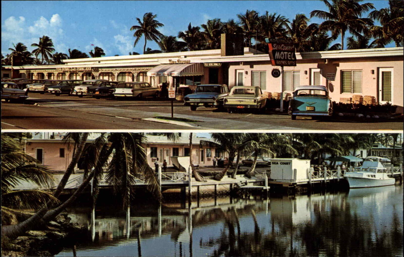 Miami Beach Florida FL Sea Court Motel Cars Boats c1950s-60s Postcard ...