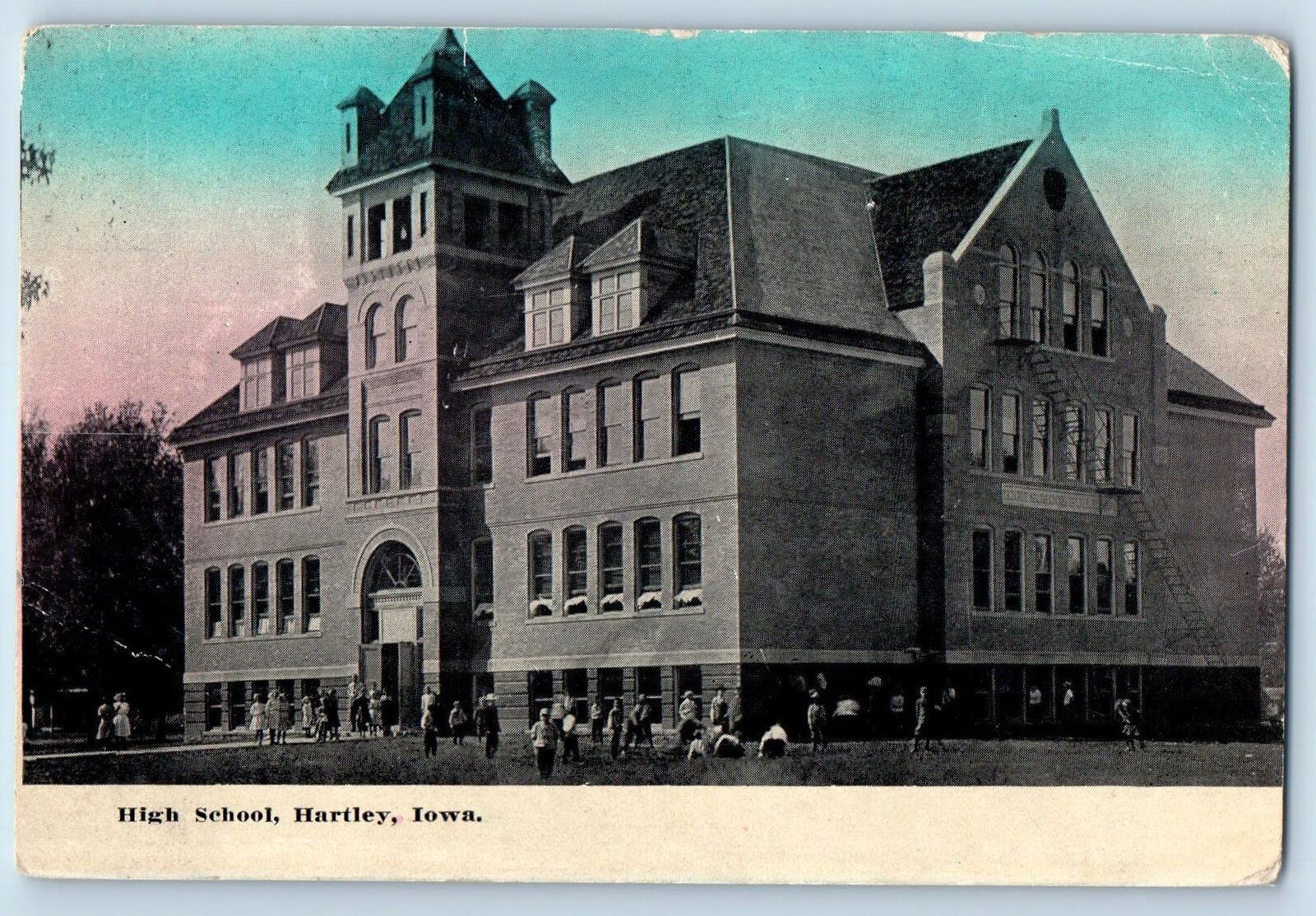 Hartley Iowa IA Postcard High School Building Exterior People Scene ...