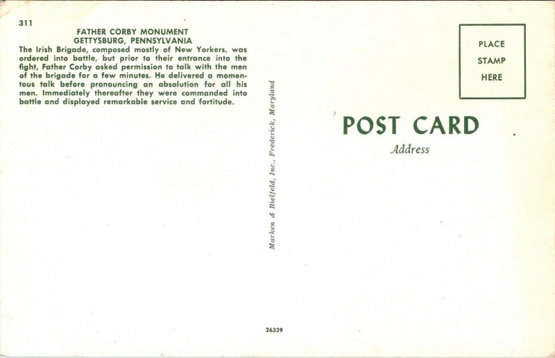 Father Corby Monument Gettysburg Pennsylvania PA Staute VTG Postcard ...