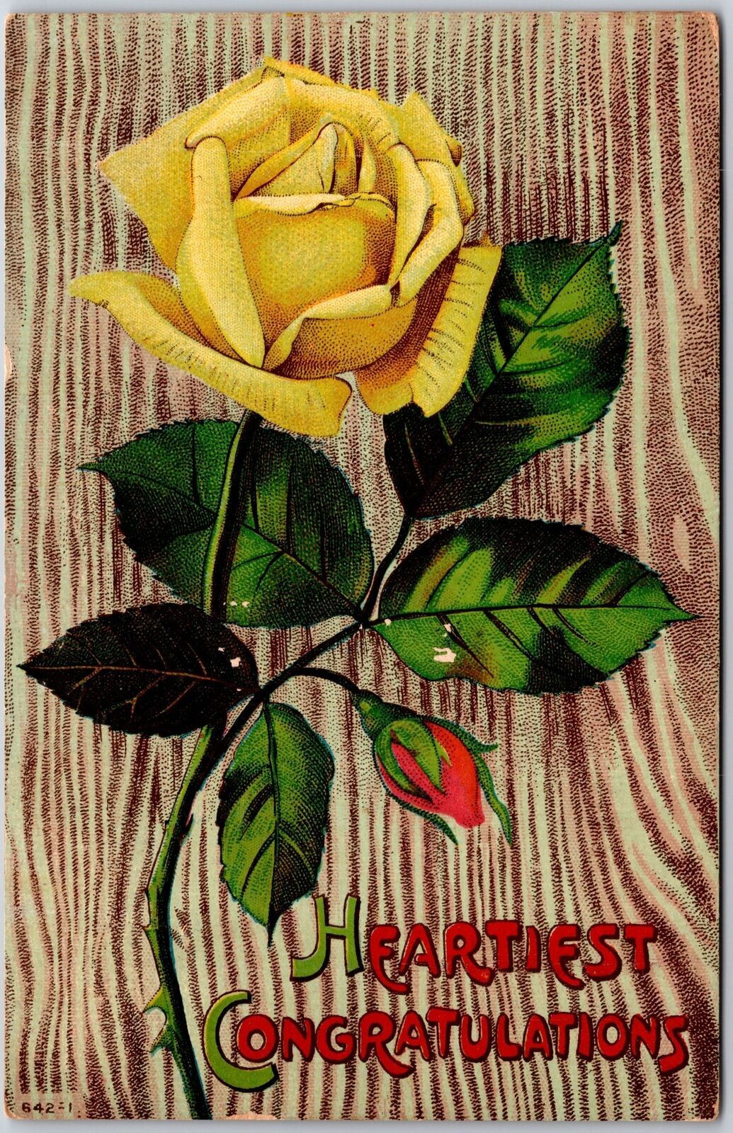 1910's Heartiest Congratulations Yellow Rose Large Print Posted ...