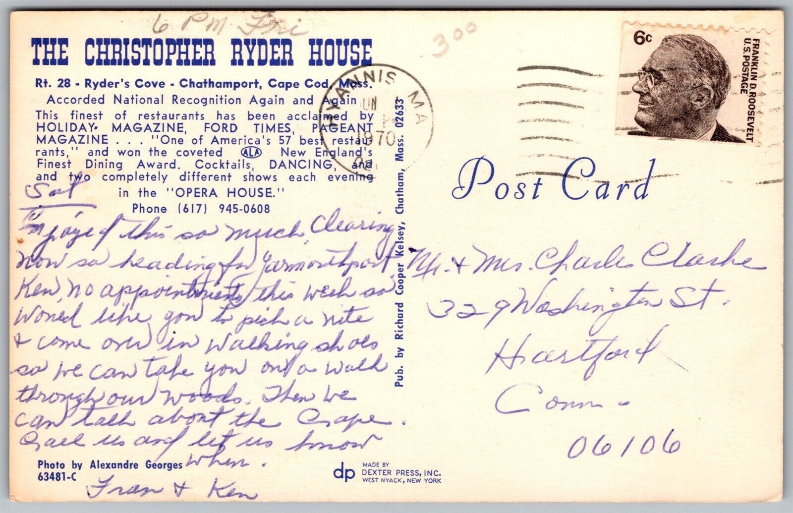 Vtg Cape Cod MA Chathamport Christopher Ryder House Restaurant 1970 ...