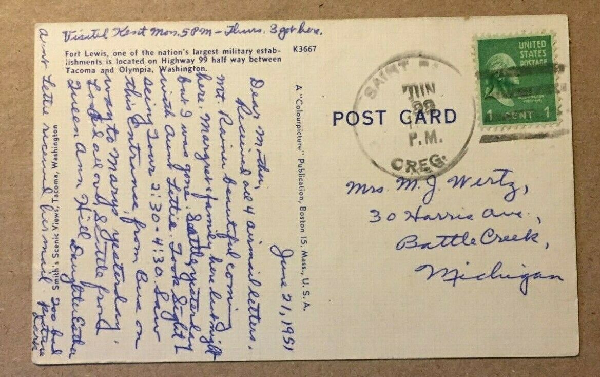 Vintage Used 1951 Linen Penny Postcard Main Gate Fort Lewis Washington ...