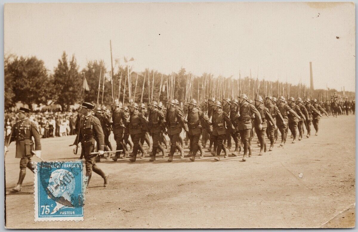 French Troops on Review France Soldiers WW1 Pasteur Stamp RPPC Postcard ...