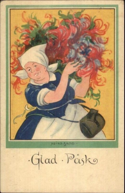 Swedish Easter Adina Sand - Woman Carrying Flowers - GLAD PASK Postcard ...