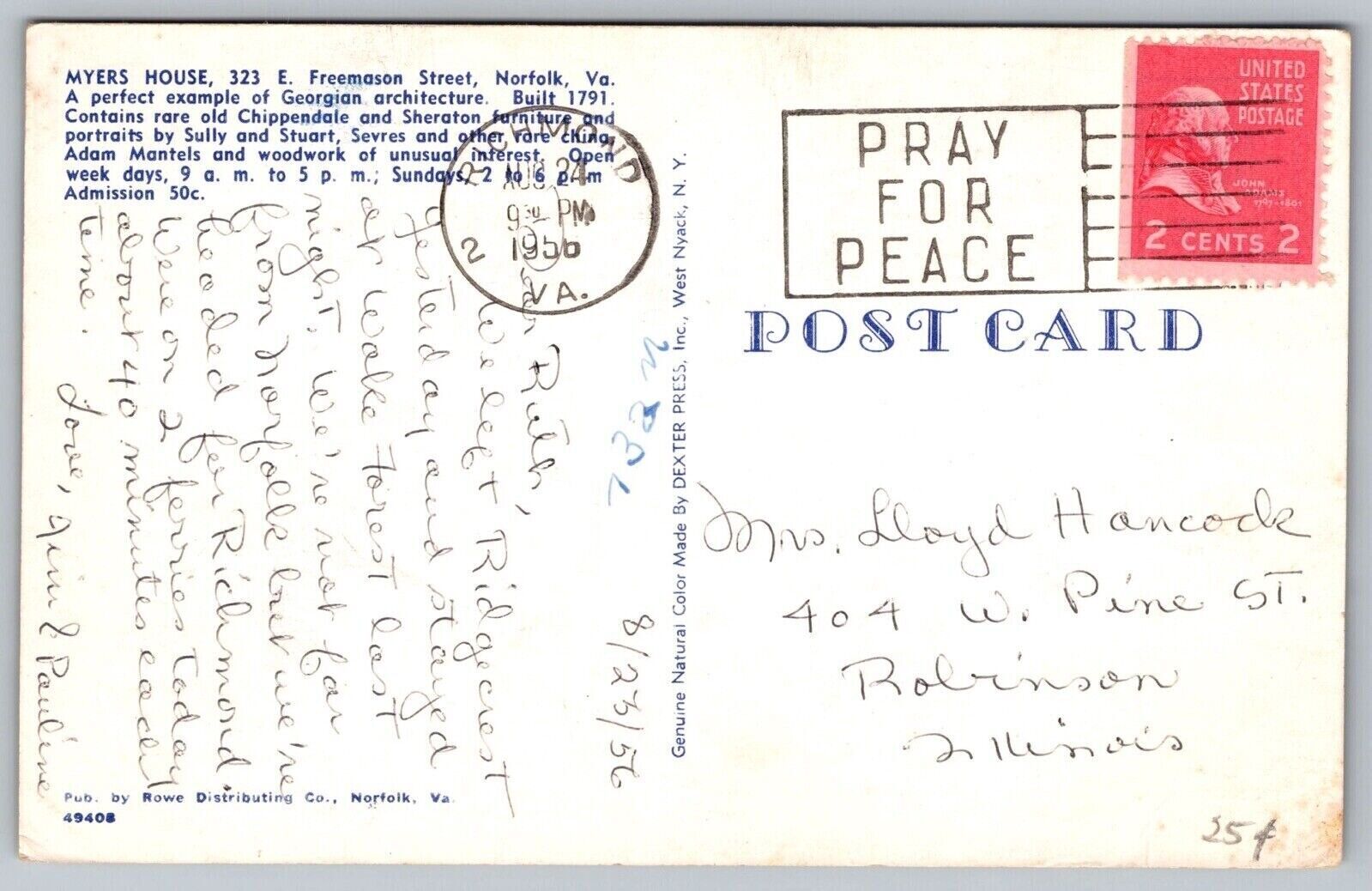 Myers House E Freemason Street Norfolk Virginia Historical Cancel 1956 ...