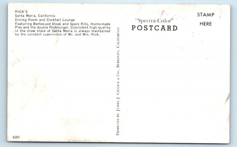 SANTA MARIA, CA California RICK'S RESTAURANT c1950s Roadside Postcard ...