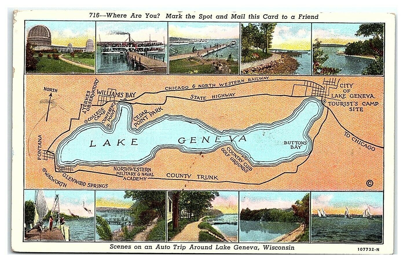 Lake Geneva, WI Map Postcard *7E(2)3 | United States - Wisconsin ...