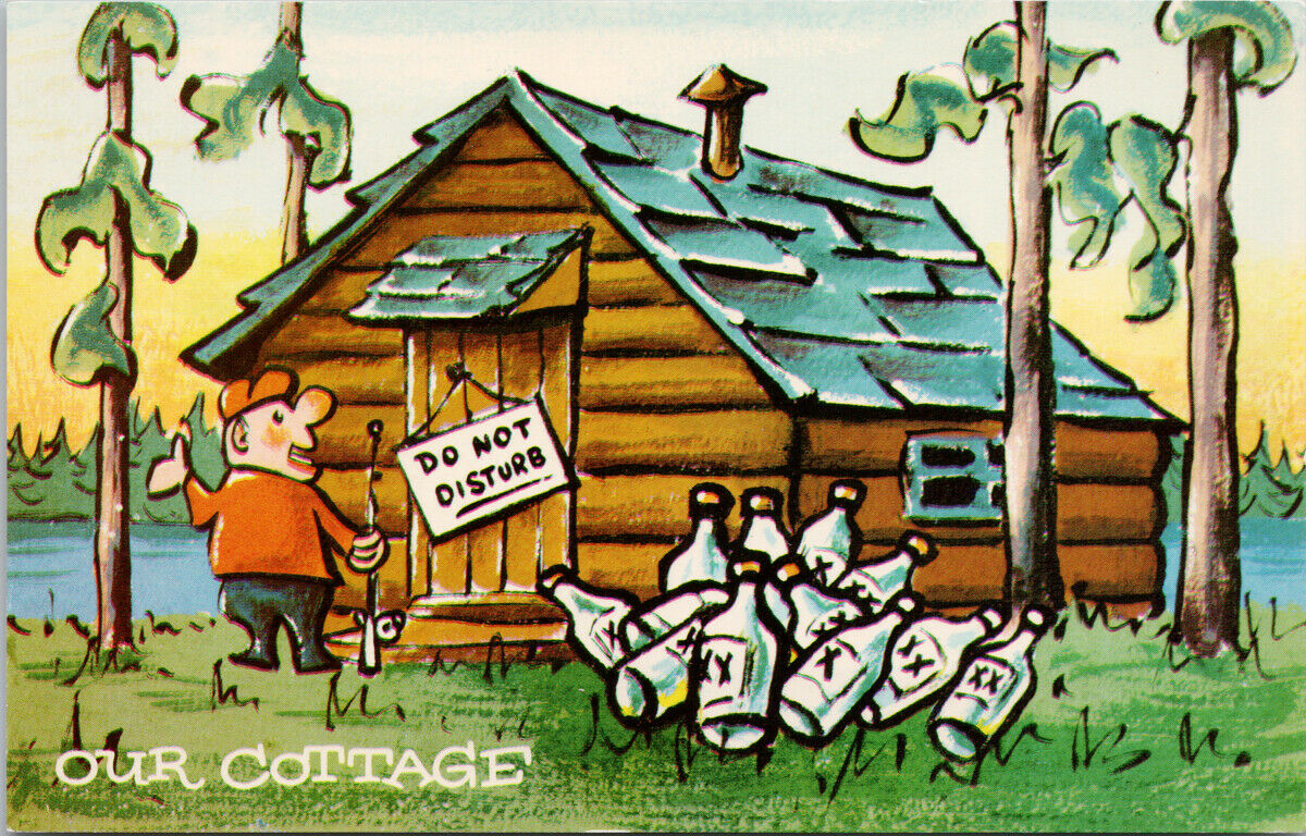 Comic 'Our Cottage' Fishing Alcohol Bottles Cabin Cottage Life Postcard ...