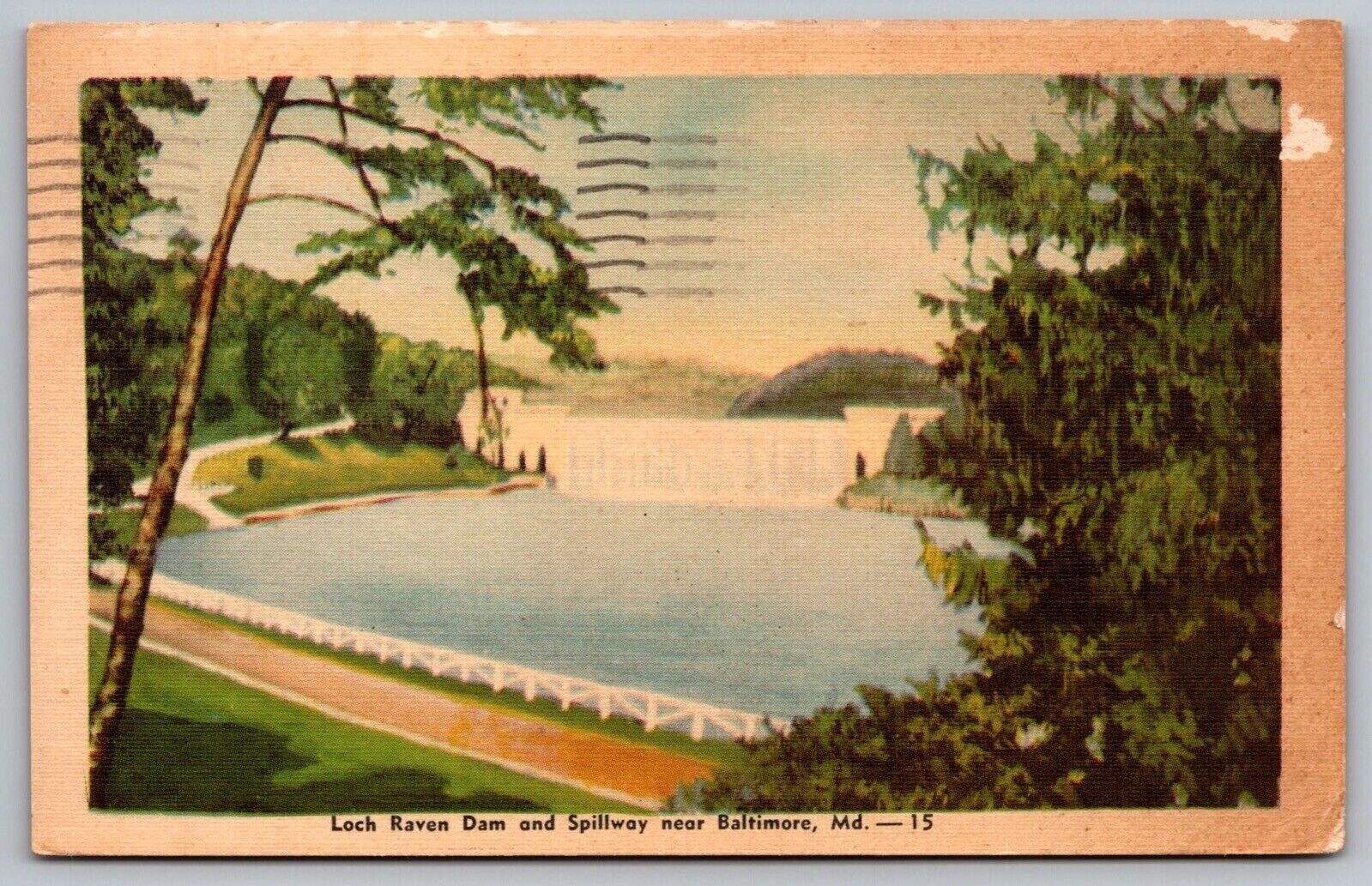 Loch Raven Dam Spillway Baltimore Maryland Linen Waterfall Vintage UNP ...