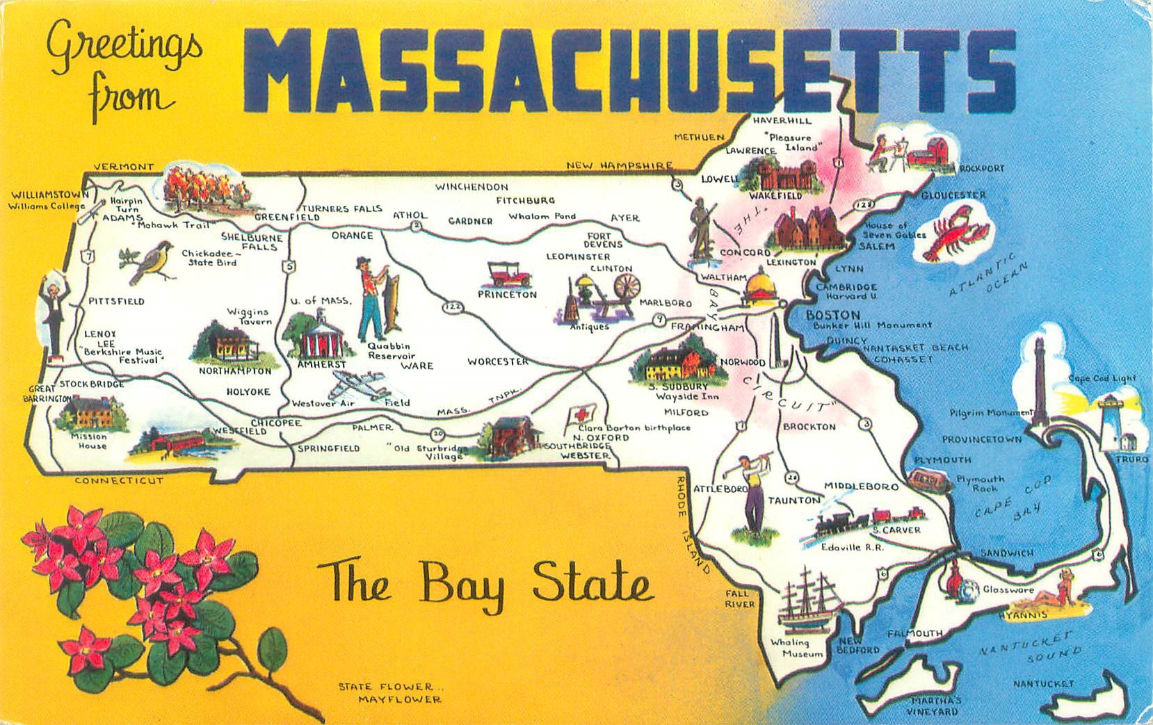 Greetings from Massachusetts Chrome Postcard, Map, Bay State, Blue ...