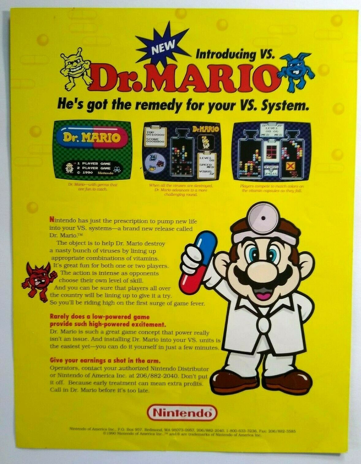 Dr Mario Arcade FLYER Original 1990 Video Game Art Print VS Game System ...