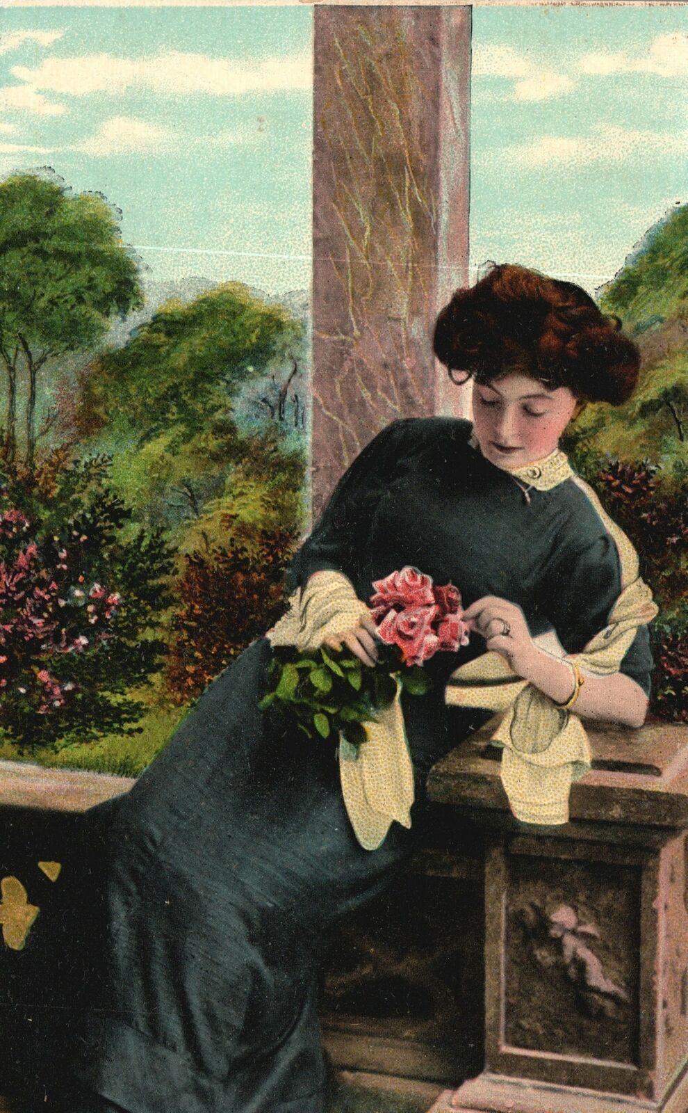 Vintage Postcard 1908 Beautiful Lady On Terrace Hand Picked Flower In ...