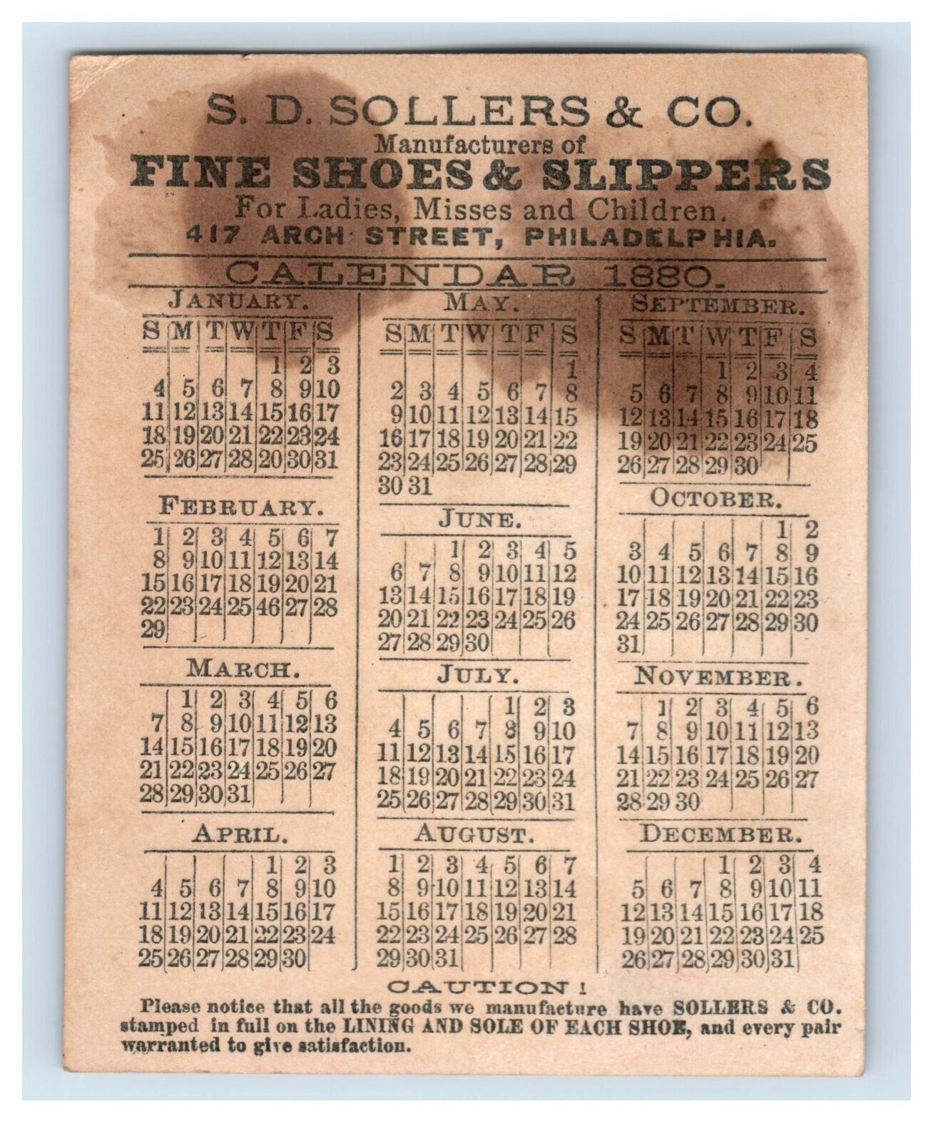 1880 Calendar Sollers & Co. Fine Shoes Adorable Girls & Dolls F104 ...