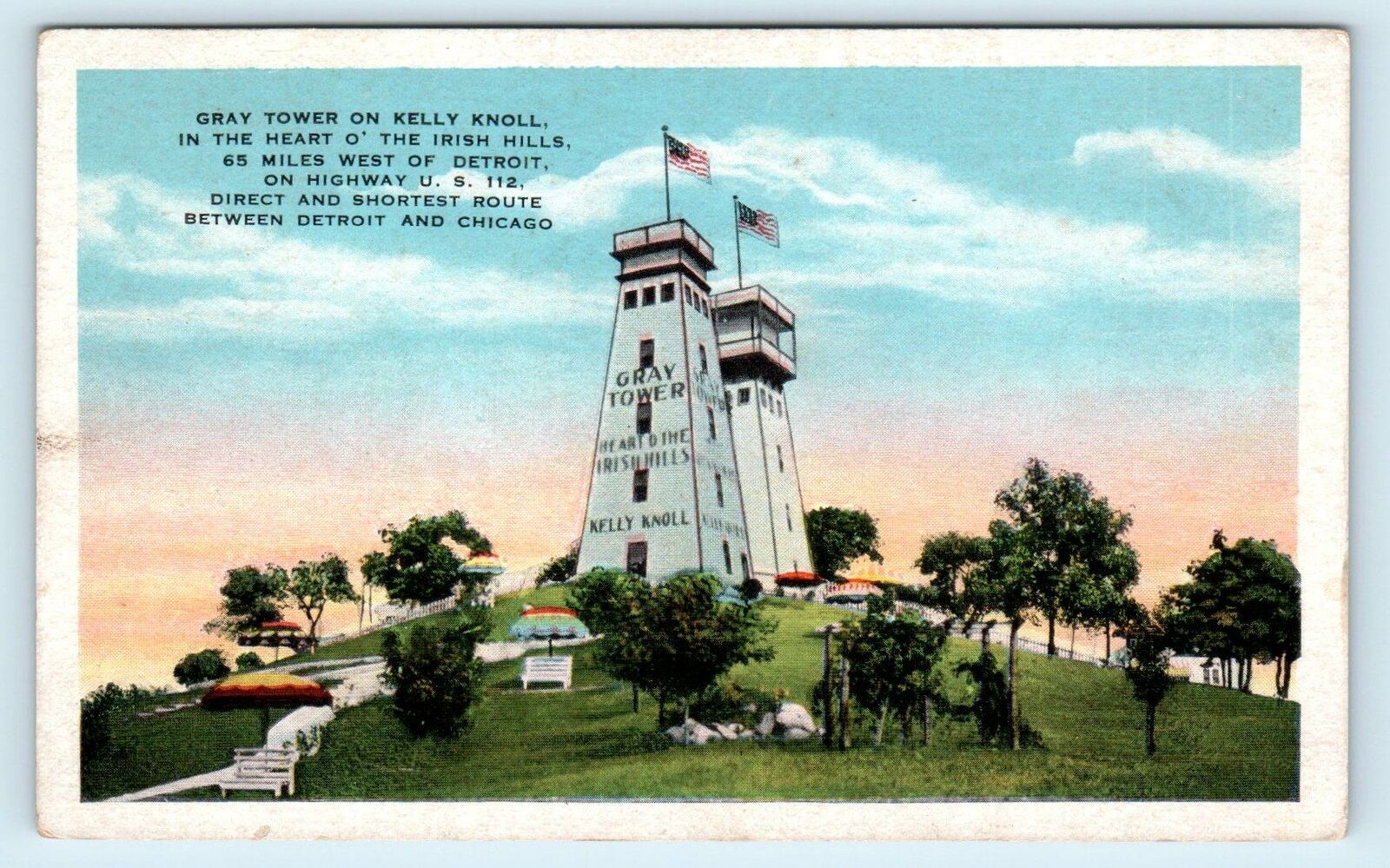 IRISH HILLS, MI~GRAY Observation TOWER on KELLY KNOLL c1920s Roadside ...