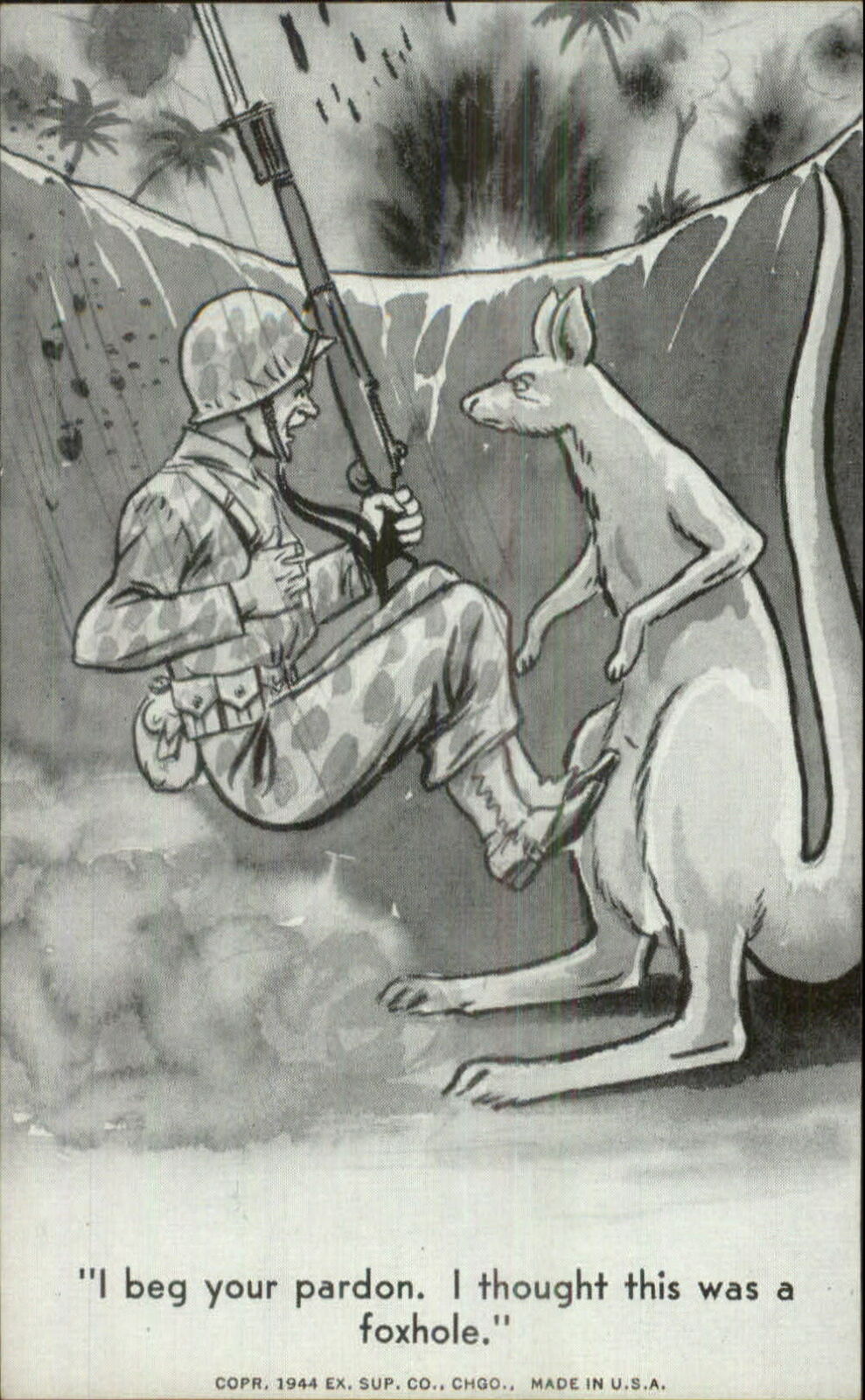 Military Comic Exhibit Card - WWII Soldier in Foxhole w/ Kangaroo ...