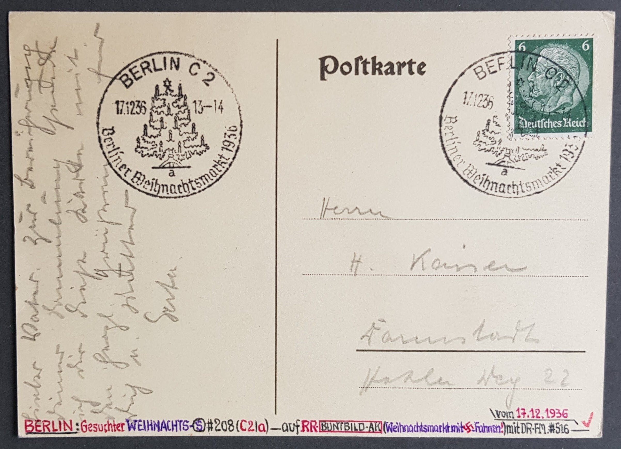 German Third Reich Original Postcard Commerating 1936 Berlin Christmas ...