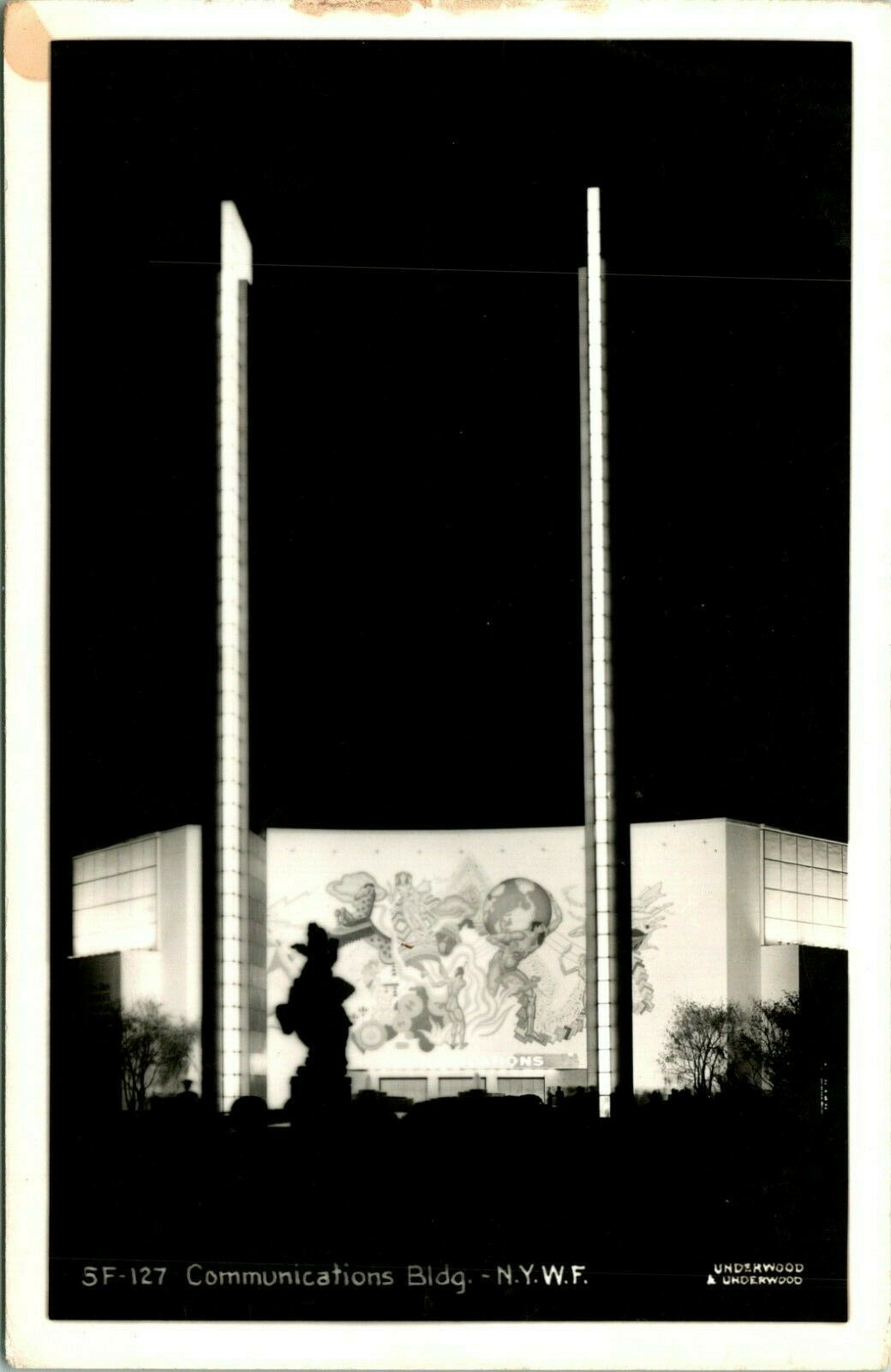 Vtg Postcard RPPC New York Worlds Fair Communications Building at Night ...