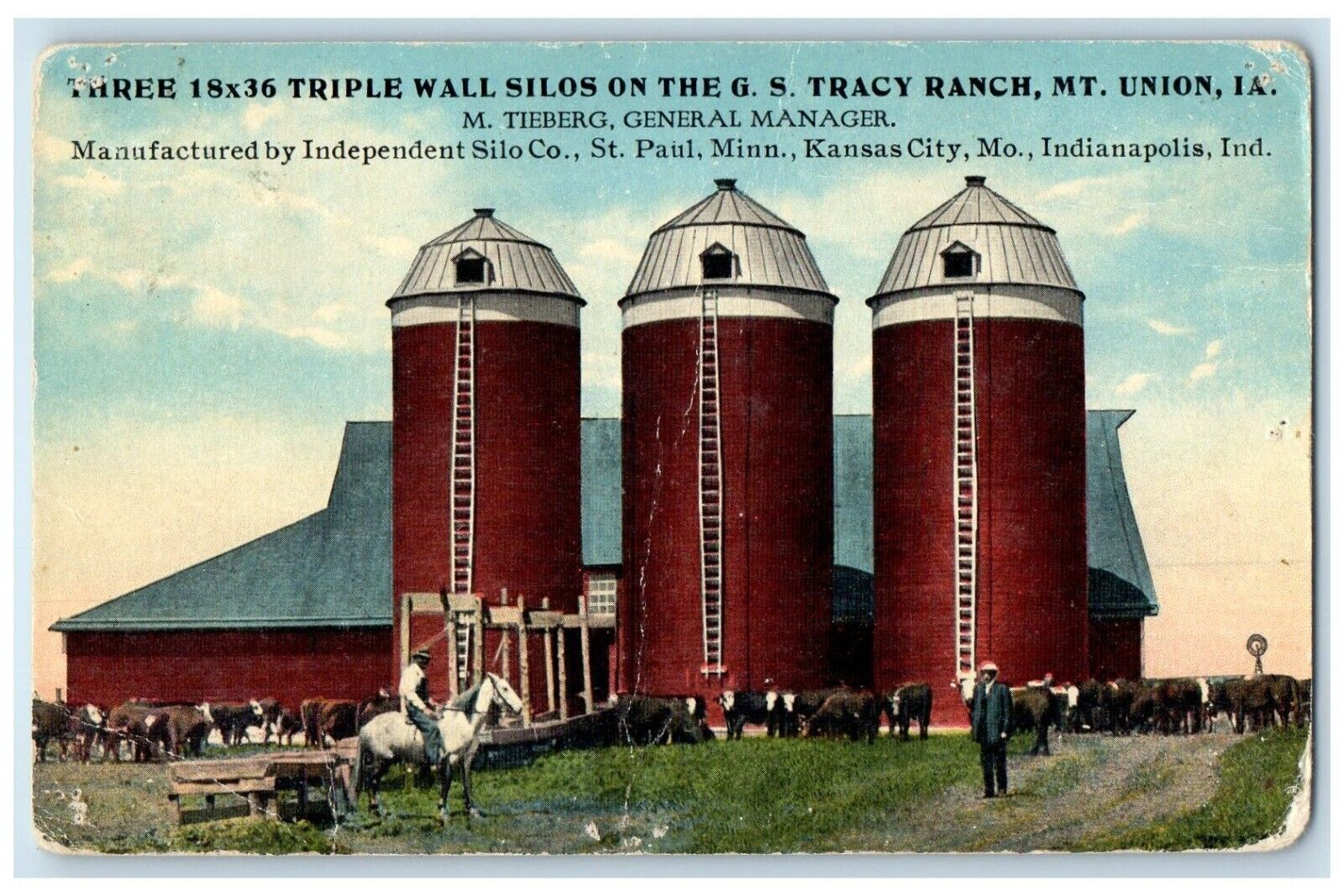 1917 Triple Wall Silos On The GS Tracy Ranch Mt. Union Iowa IA Antique ...