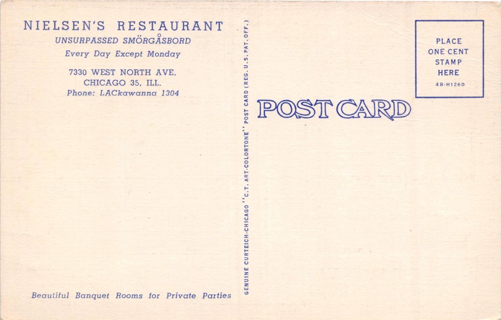 Nielsen's Restaurant-Unsurpassed Smörgåsbord-Chicago Illinois Postcard ...