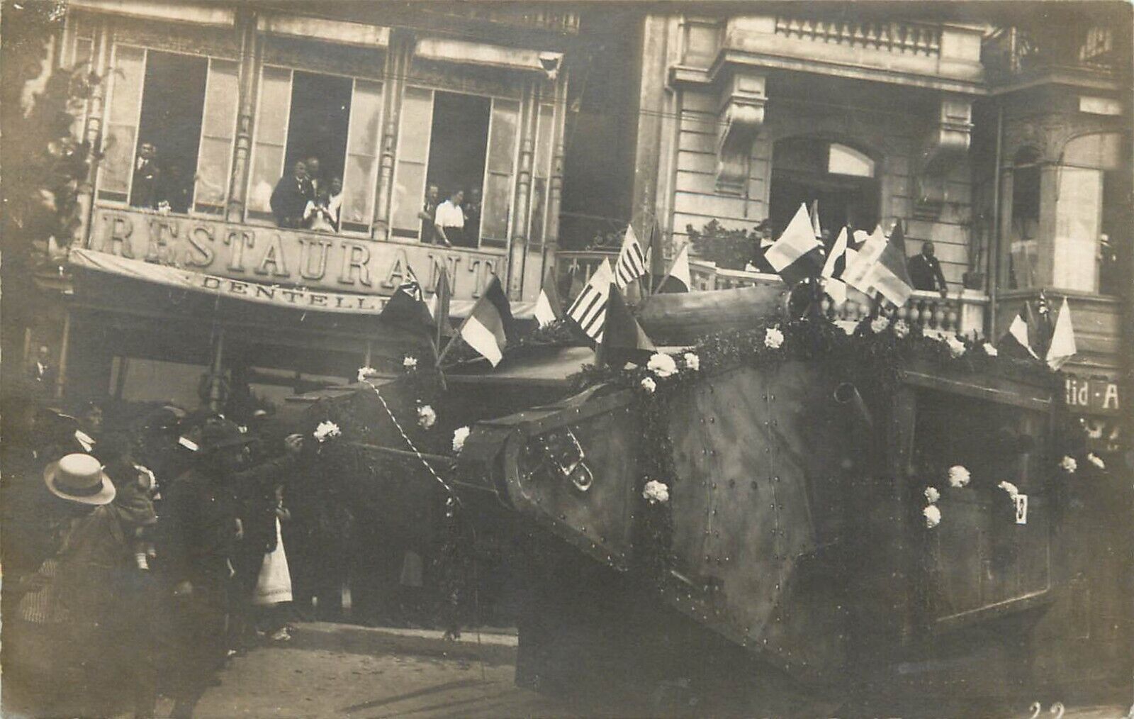 Photographic postcard military event parade tank flags real photo to ...