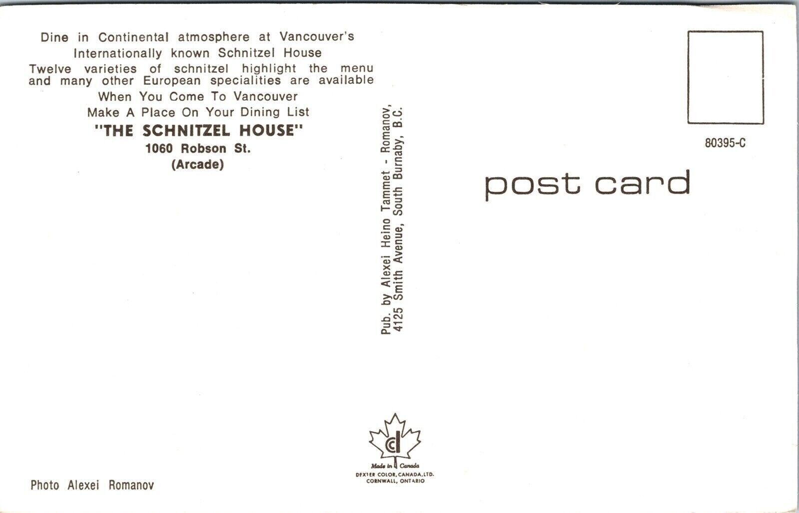 Schnitzel House Resturant Sign 1060 Robson St Arcade Postcard VTG UNP ...