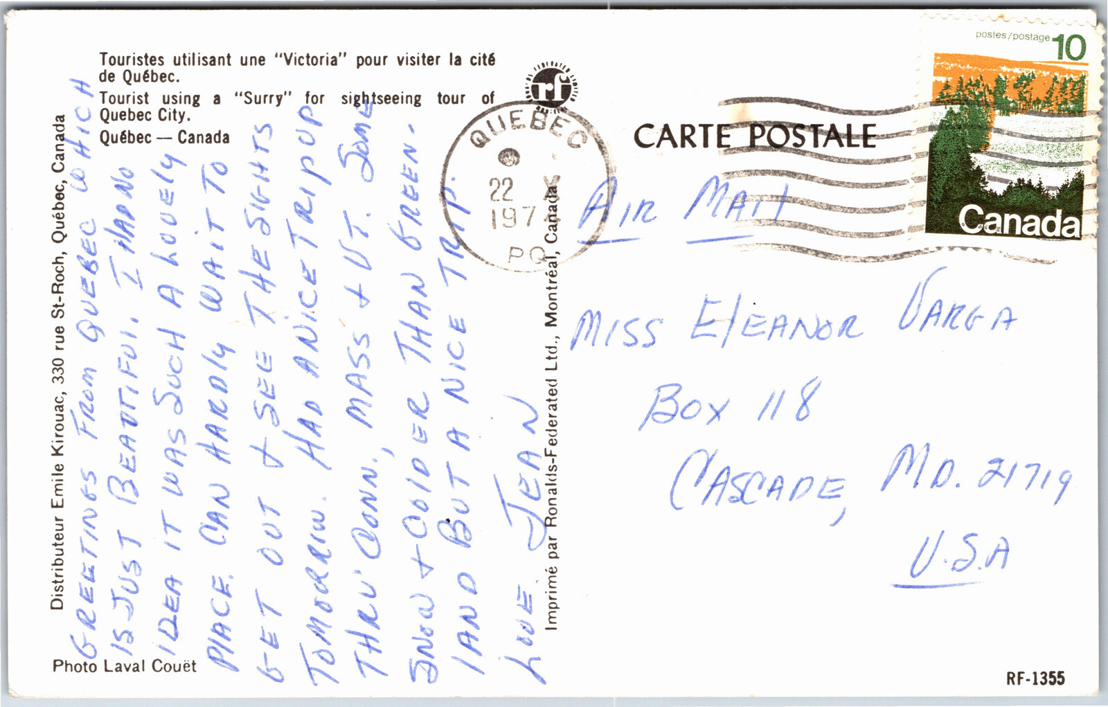 Vintage Postcard Tourists Using a "Surry" for Sightseeing in Quebec ...