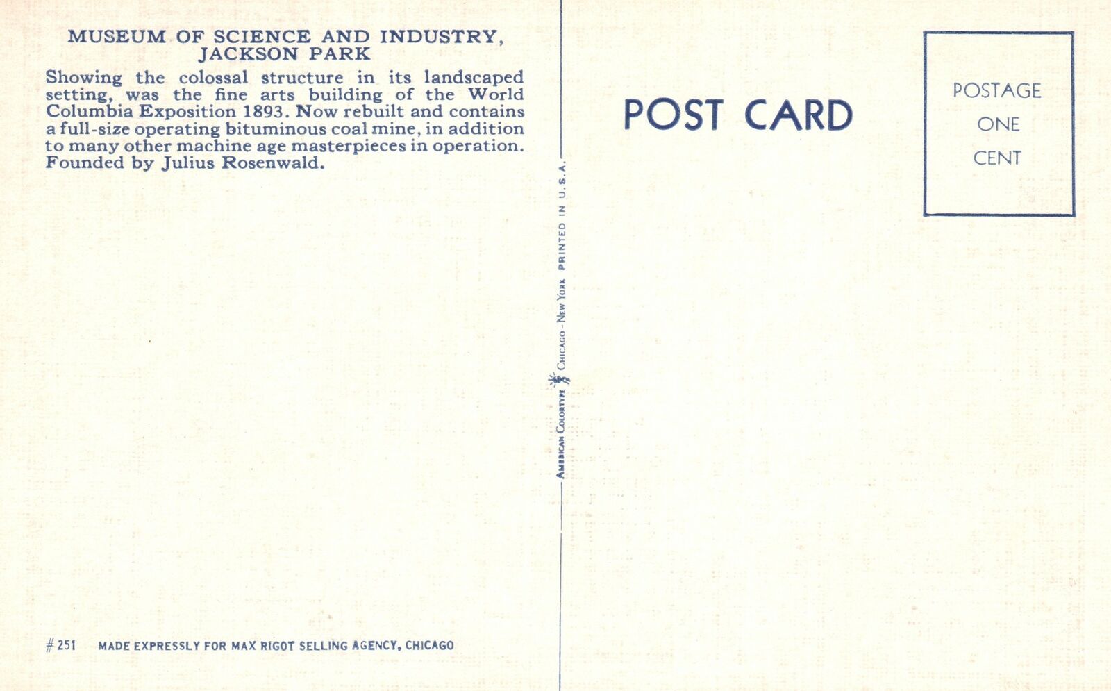 Vintage Postcard Museum Of Science & Industry Jackson Park Chicago ...