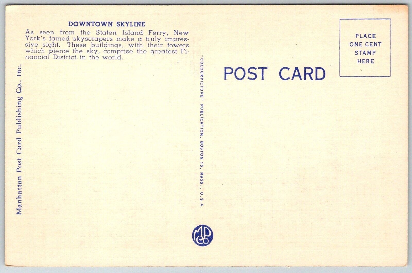 New York City NY 1940s Postcard Downtown Skyline From Staten Island ...