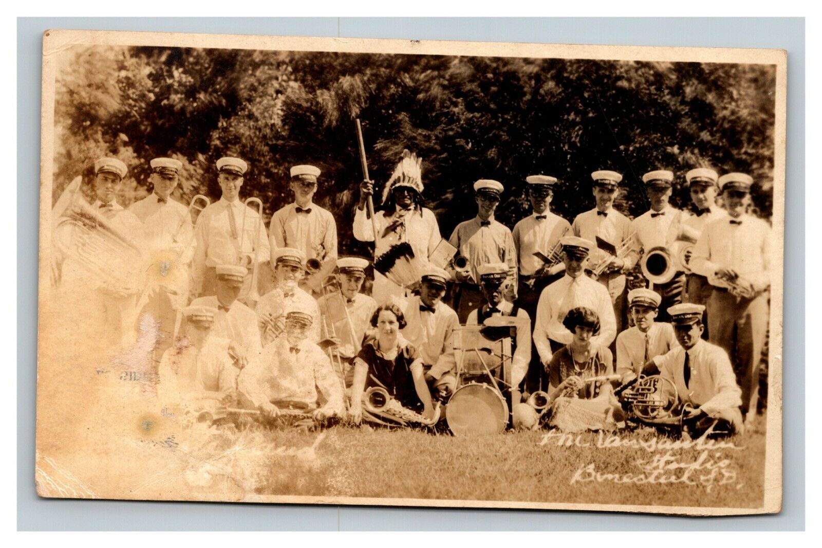 Vintage 1900's RPPC Postcard Marching Band Native American Mascot South ...
