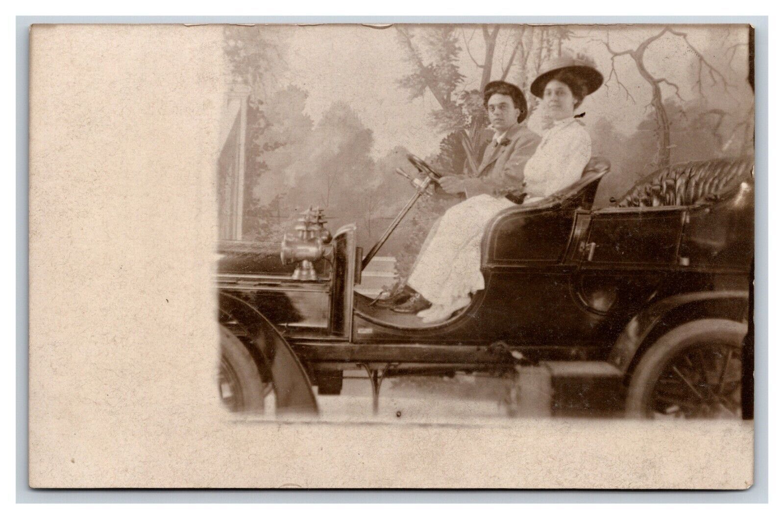 RPPC Studio View Young Couple Driving Prop Automobile Car 1908 Postcard ...