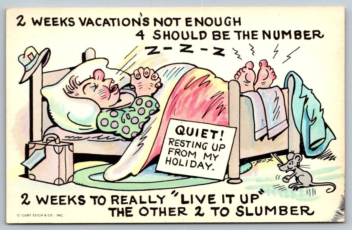 Vintage Cartoon Humor Linen Postcard - Resting after 2 Weeks Vacation ...