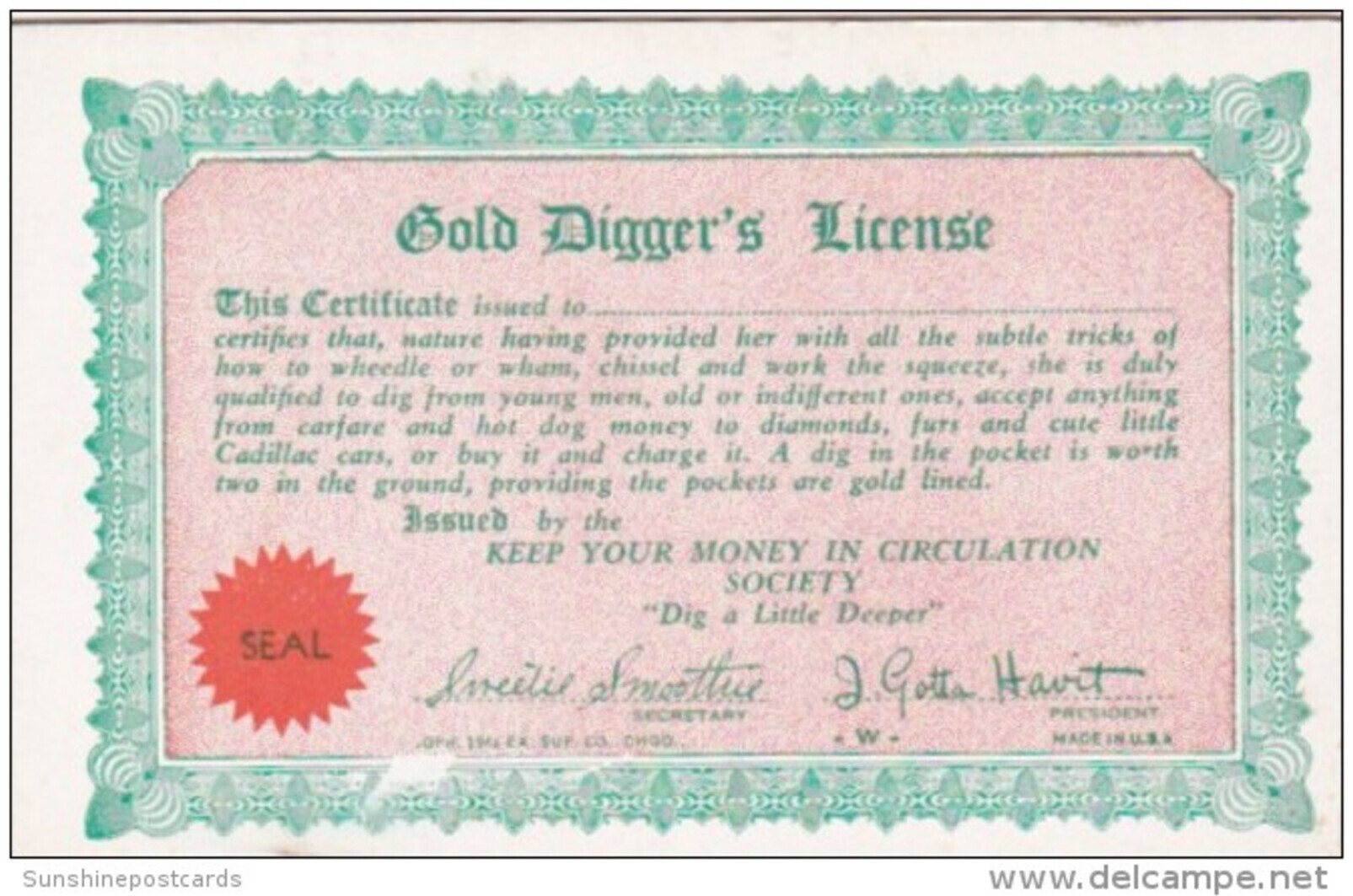 Vintage Arcade Card Gold Digger's License | Topics - Humour, Postcard ...