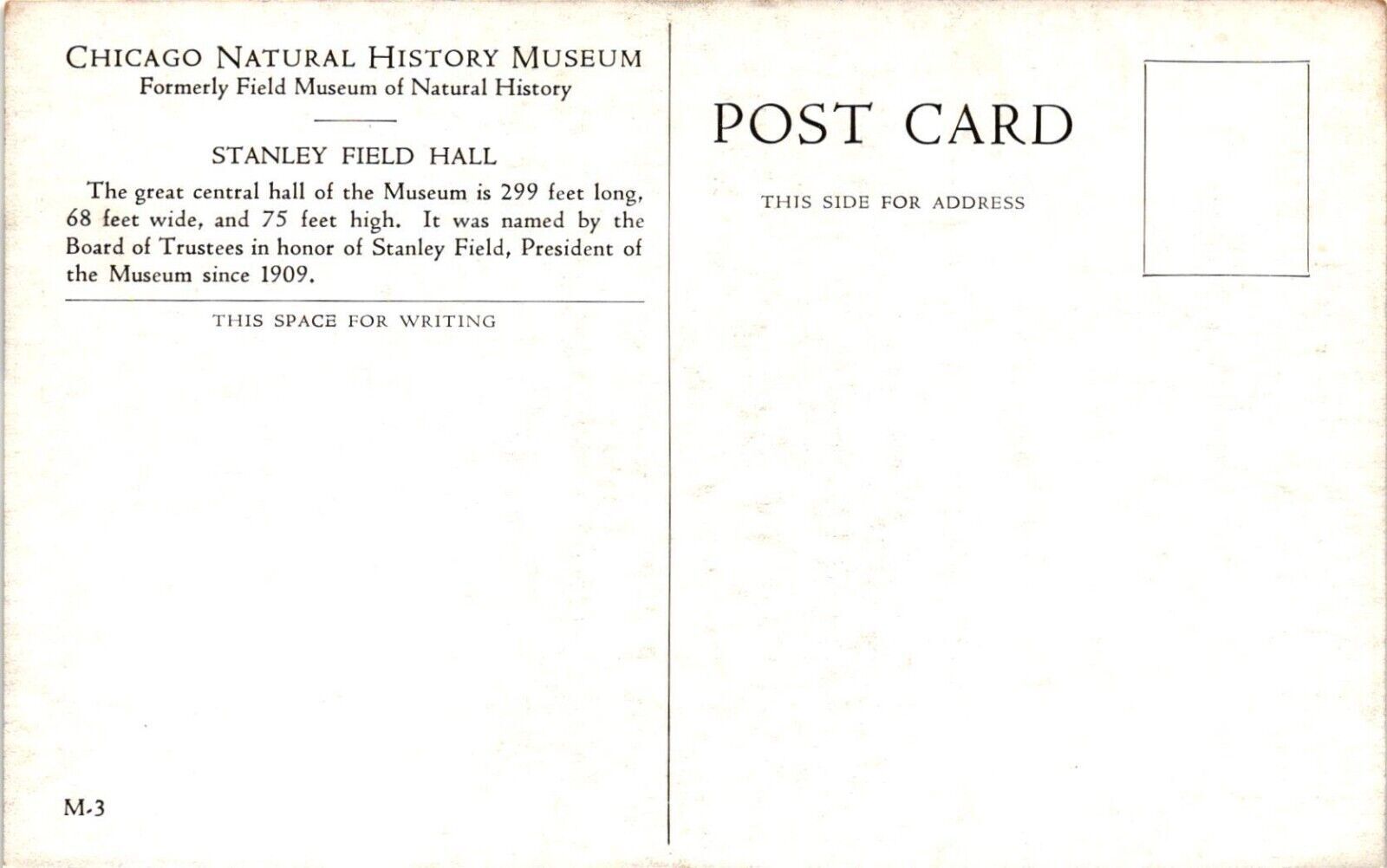Vintage Postcard- M3. Stanley Field Hall Chicago History Museum ...