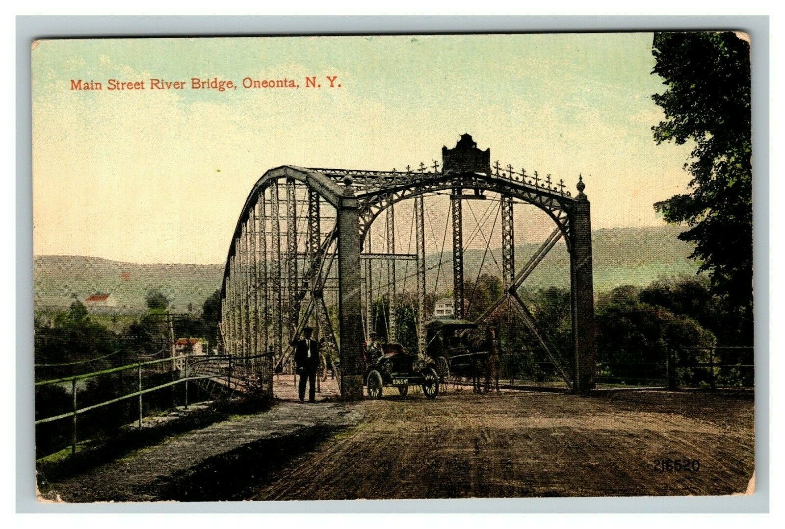 Vintage 1910's Postcard Main Street River Bridge Antique Auto Oneonta ...